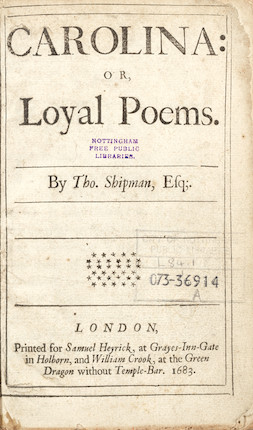 Bonhams : SHIPMAN (THOMAS) Carolina Or, Loyal Poems, FIRST EDITION ...