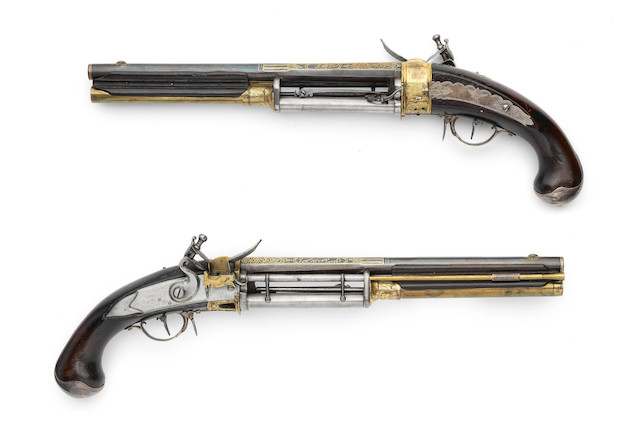 Bonhams : A fine and rare pair of repeating flintlock pistols from the ...