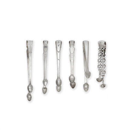 Bonhams : A collection of six Irish silver sugar tongs varying (6)