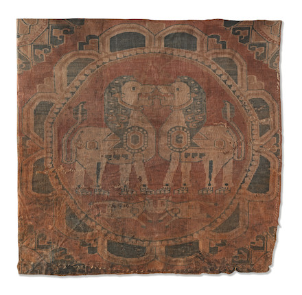 Bonhams : A Sogdian silk samite fragment with confronting lions Central ...