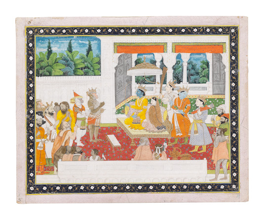 Bonhams : AN ILLUSTRATION TO THE RAMAYANA RAMA AND SITA ENTHRONED ON A ...
