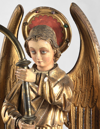 Bonhams : A pair of mid-19th Century polychrome and parcel gilt carved ...