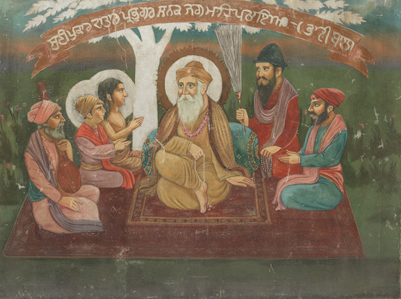Bonhams : Guru Nanak seated beneath a tree with other Gurus and ...