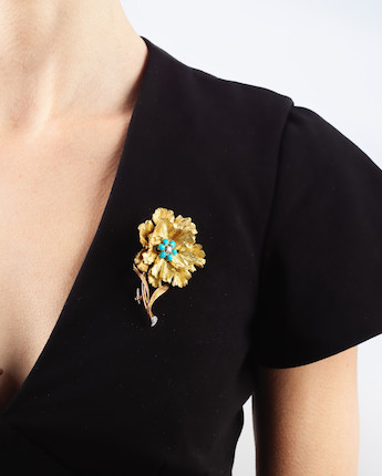 Bonhams : MICHAEL GOSSCHALK TURQUOISE AND DIAMOND-SET FLOWER BROOCH,