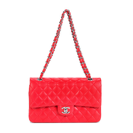 Bonhams : Chanel a Red Perforated Lambskin Medium Classic Double Flap ...