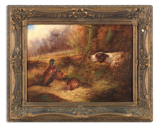 Bonhams : Robert Cleminson (British, 1864-1903) Spaniels flushing mallards; Gun dog with ...