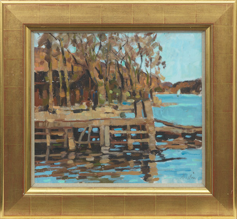 Bonhams : George Devlin RSW (British, 1937-2014) By a lakeside