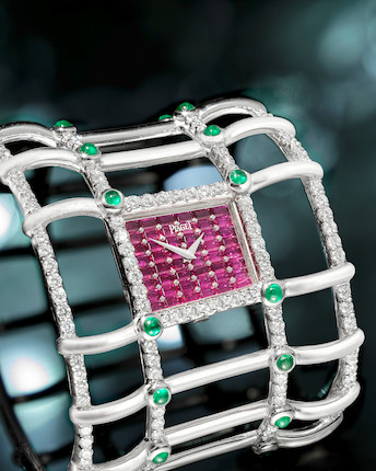 Bonhams : Piaget. A unique lady's 18K white gold diamond, emerald and ...