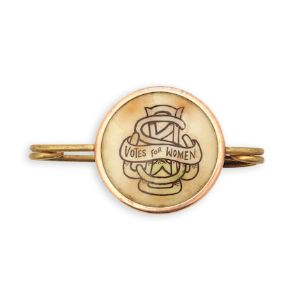 Bonhams : SUFFRAGETTE WSPU BROOCH Circular celluloid brooch set in gilt ...