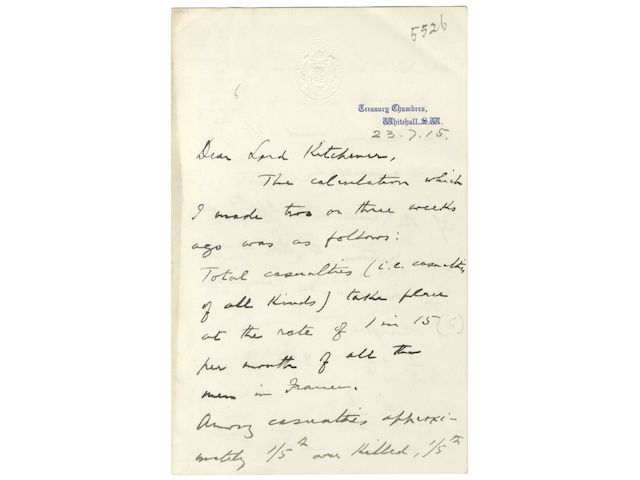 Bonhams : Poignant letter to Lord Kitchener calculating recruits needed ...