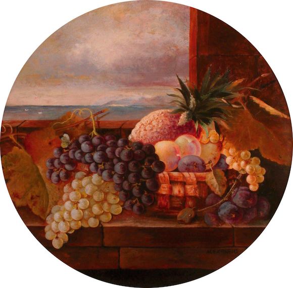 Bonhams : Alex Greig Still life of fruit on a ledge, the coast beyond ...