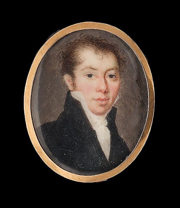 Bonhams : French School (circa 1810) : A Gentleman, wearing black coat, white cravat and ...
