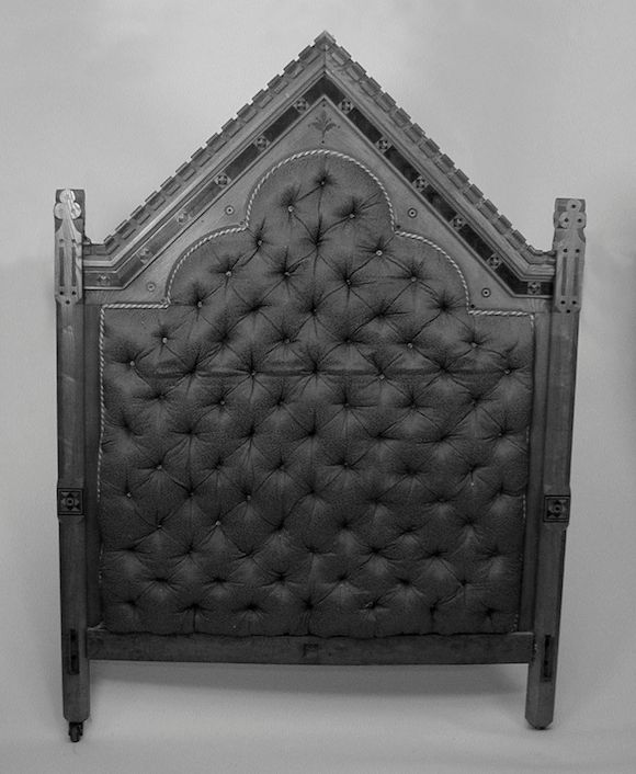 Bonhams : A Victorian inlaid ash Gothic revival bed, 155cm wide.