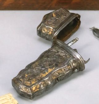 Bonhams : A mid 18th century etched and gilt steel writing etui, 10cm high