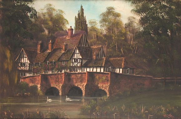 Bonhams : Frederick Roe (British, 1865-1947) Timbered Inn on a bridge ...