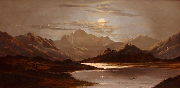 Bonhams : Charles Leslie (British, 1830-1895) Moonlit lake view 31 x 62cm