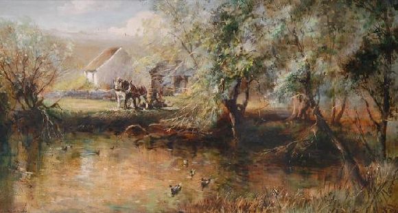 Bonhams : Kenneth Webb, F.R.S.A. (b.1927) Horses hauling timber by the ...