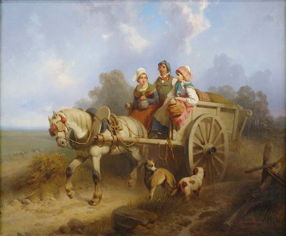 Bonhams : Ferdinand Marohn (French, exh.1846-1859) Figures on a haycart ...