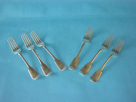 Bonhams : Six Victorian fiddle pattern forks, George Adams, 1841,