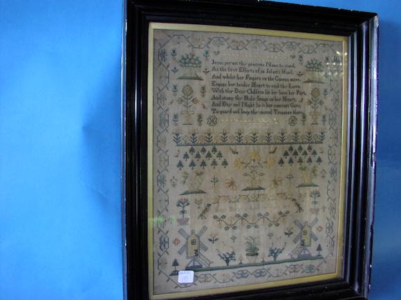 Bonhams : An early Victorian sampler, stitched with windmills, birds, butterflies, flowers, urns ...