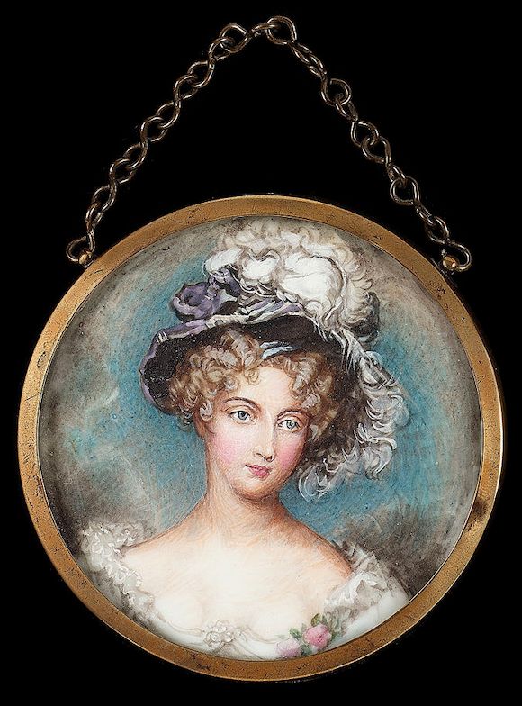 Bonhams : Miss Grace Cruickshank, A Lady, wearing purple bonnet adorned ...