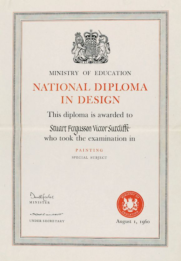 Bonhams : Stuart Sutcliffe's National Diploma In Design Liverpool ...