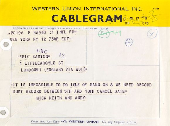 Bonhams : A cablegram from the Rolling Stones to Eric Easton dated ...