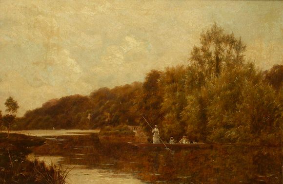 Bonhams : Theodore Hines River landscape with figures punting, thought ...