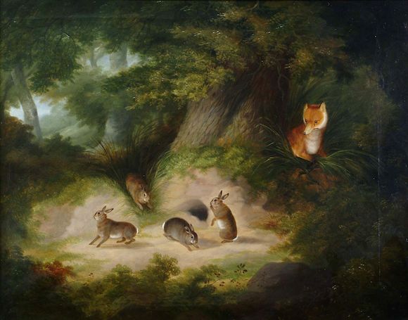 Bonhams : George Armfield (British, 1811-1887) A fox watching rabbits ...