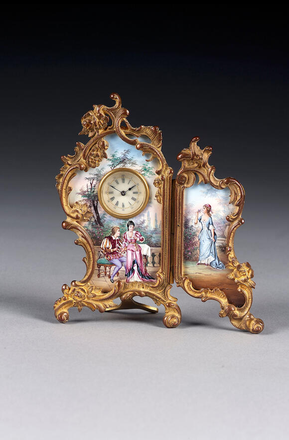 Bonhams : An Austrian gilt metal and enamel mounted boudoir timepiece Unsigned