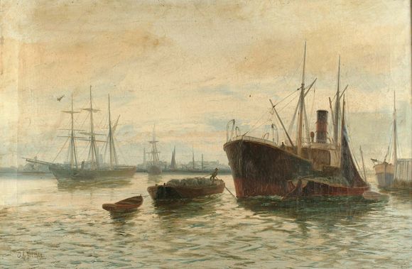 Bonhams : Edwin A Fletcher (British, 1857-1945) A busy river 50.8 x 76.2cm