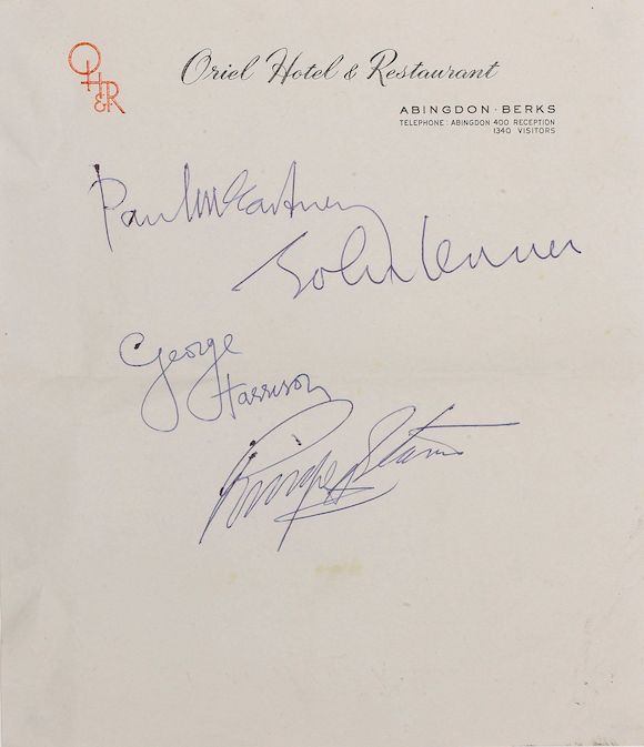 Bonhams : Autographs of The Beatles Oriel Hotel, Abingdon, Berkshire ...