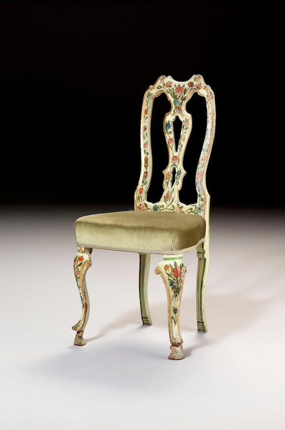 Bonhams : A pair of 18th century Venetian green, polychrome and parcel-gilt Side Chairs,