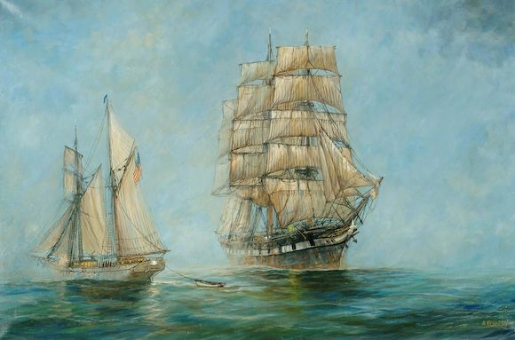Bonhams : A Kennedy Square rigger and American ketch on calm seas 60 x ...