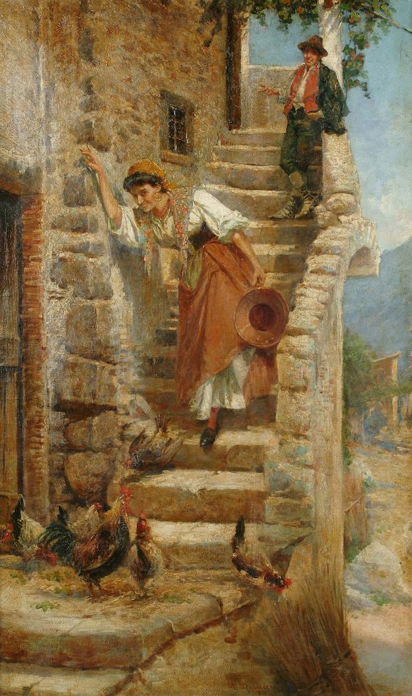 Bonhams : Pietro Barucci (Italian, 1845-1917) Feeding the chickens 84 x ...
