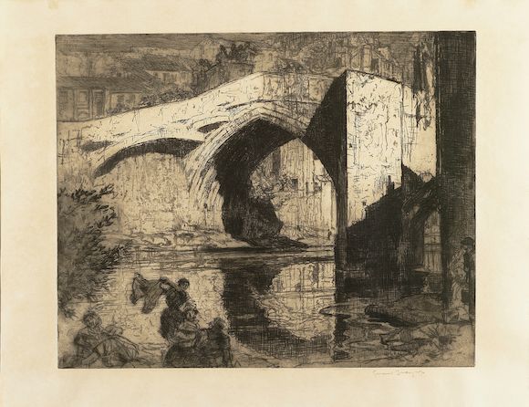 Bonhams : Frank Brangwyn Bridge, Barnard Castle Etching, 1907, on wove, signed in pencil; faint ...