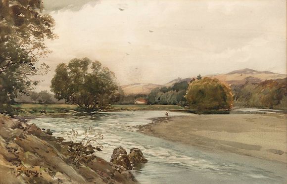 Bonhams : Tom Scott RSA (1854-1927) Fishing the Tweed 24x37cm