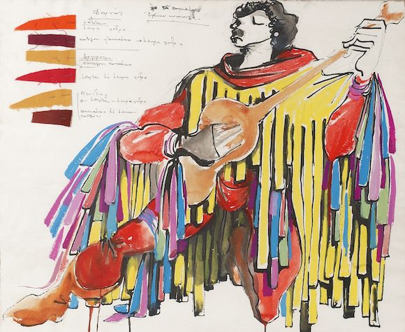 Bonhams : Vassilis Fotopoulos (Greek b. 1934) Le troubadour (drawing of ...