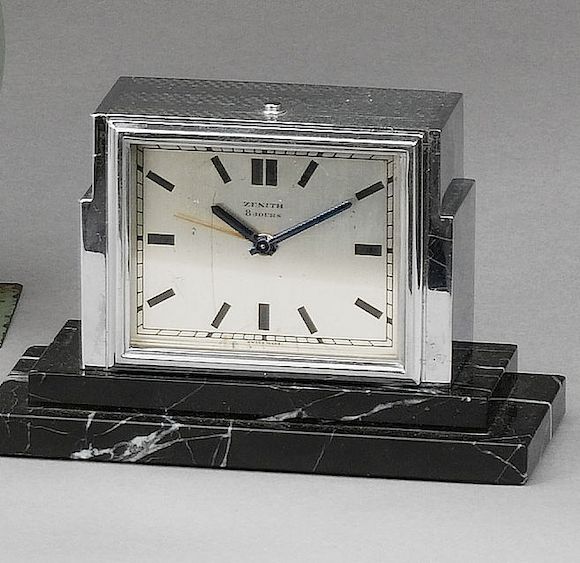 Bonhams : Zenith. A marble and chrome alarm clock circa 1930