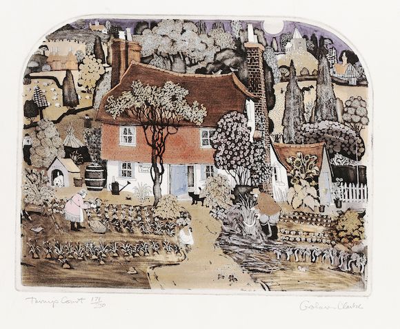 Bonhams : Graham Clarke Turnip Court Aquatint, with hand colouring, on ...