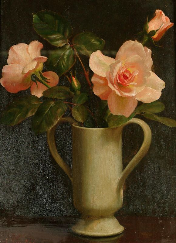 Bonhams : John Bulloch Souter (British, 1890-1972) Still life of pink roses in a white jug 38 x ...