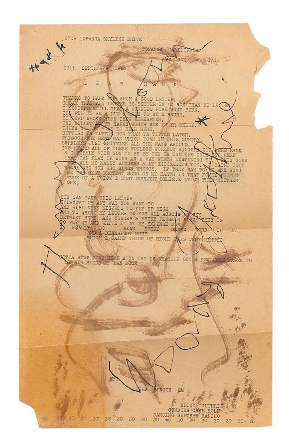 Bonhams : A letter from Woody Guthrie to Hank Sloan, dated 29th ...