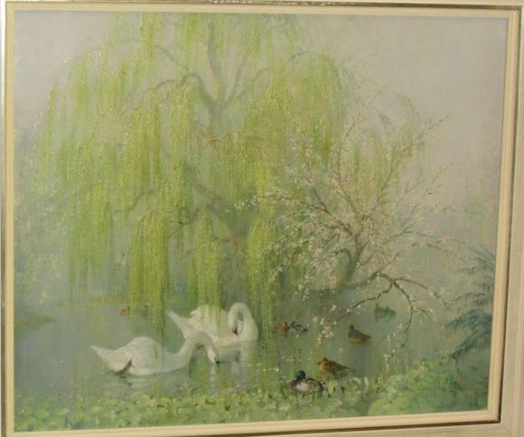 Bonhams : Vernon Ward (1905 - 1985) 'Lakeside in Spring', 59 x 72cm.