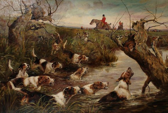 Bonhams : Arthur Alfred Davis The Hunt, with hounds chasing a fox in ...
