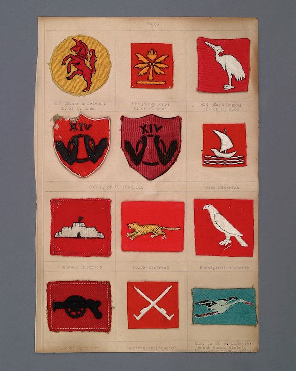 Bonhams : Cloth arm badges on card: - India