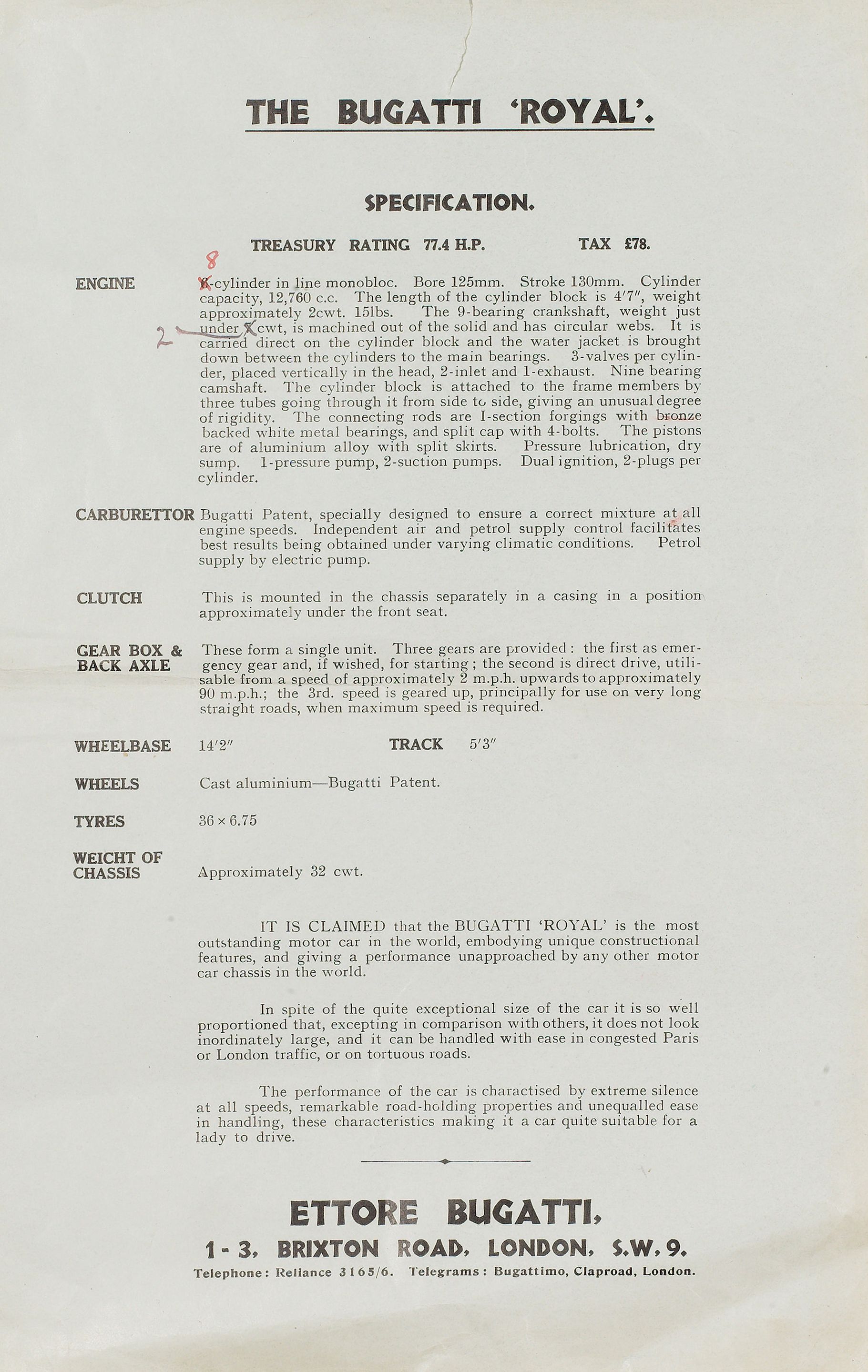 Bonhams Cars : A rare Bugatti Royale specification sheet,