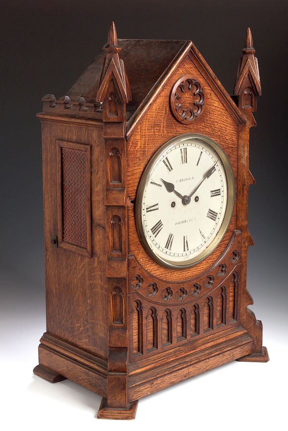Bonhams : A Victorian oak Gothic style Mantel Clock, L.Brunner, Birmingham,