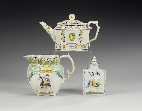 Bonhams : A Pratt Ware oval section teapot and cover, circa 1800,