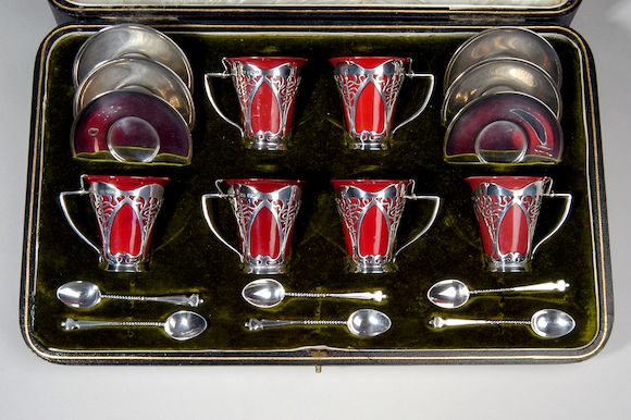 Bonhams : A cased set of six silver mounted Royal Doulton flambe coffee ...