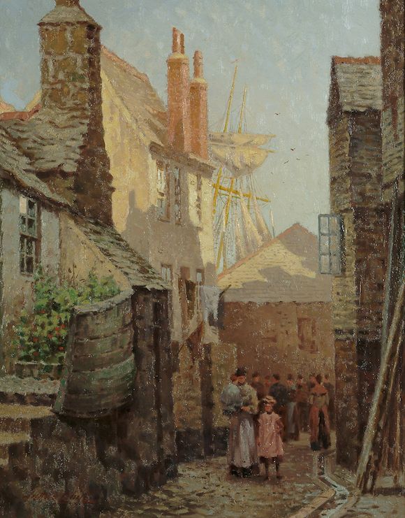 Bonhams : Arthur White (British, 1865-1953) A street scene in St Ives ...